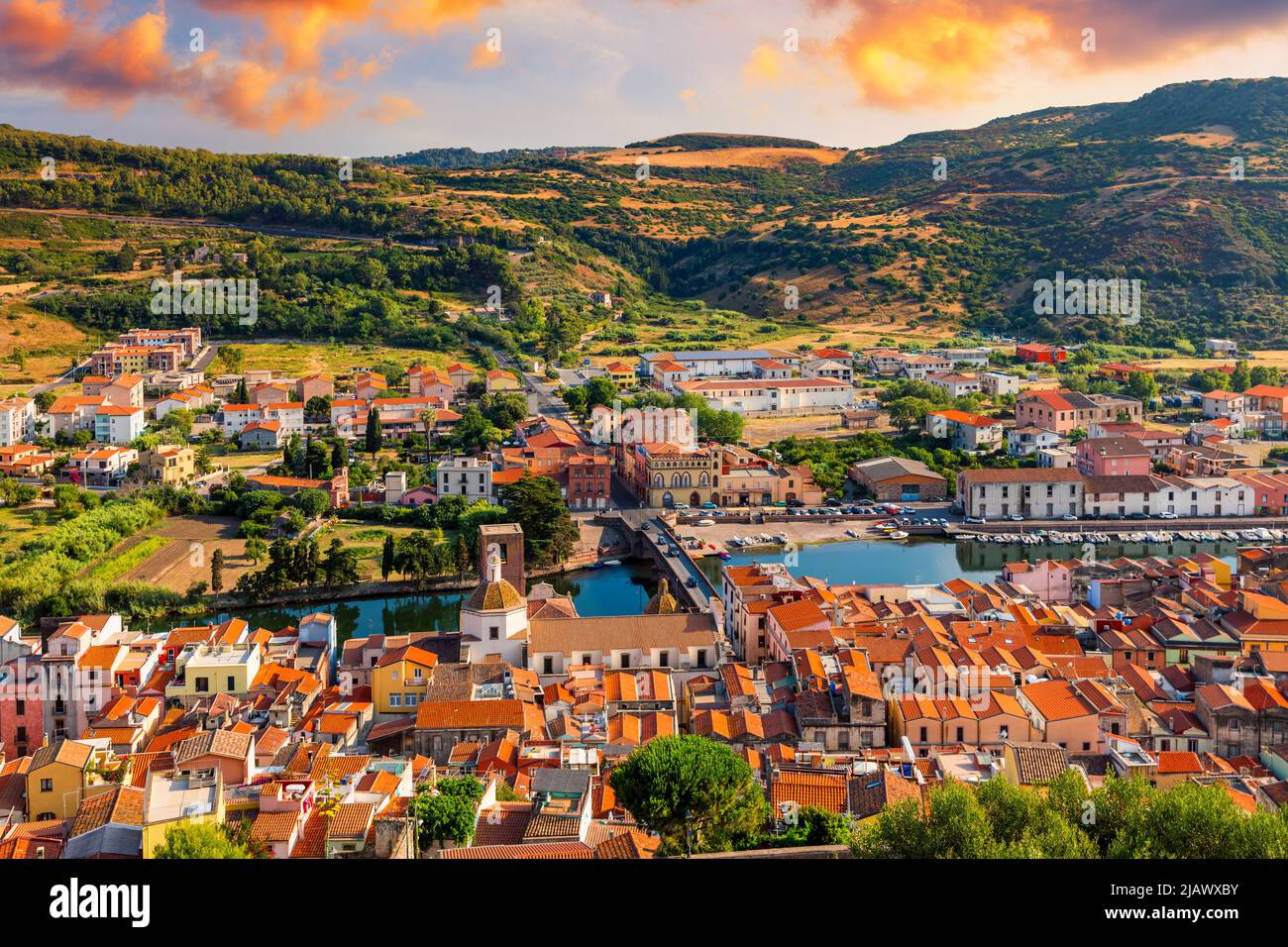Aerial view of the beautiful village of Bosa with colored houses and a ...