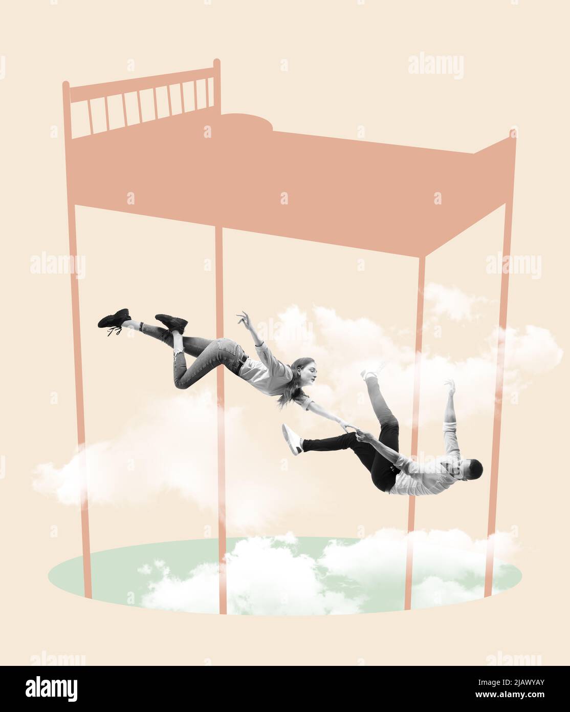 Two people fall into dream, fly and soar in dreams and in invented ...