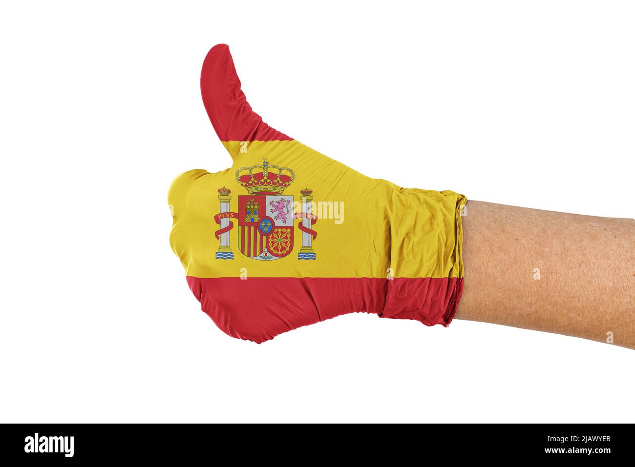 Spain flag on a medical glove showing thumbs up sign Stock Photo - Alamy