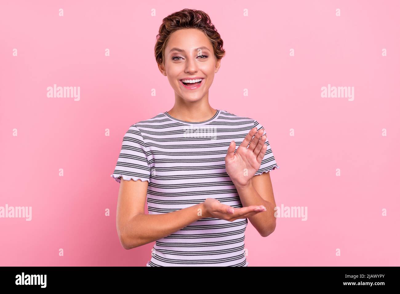 Photo of astonished millennial short hairdo lady clap hands wear ...