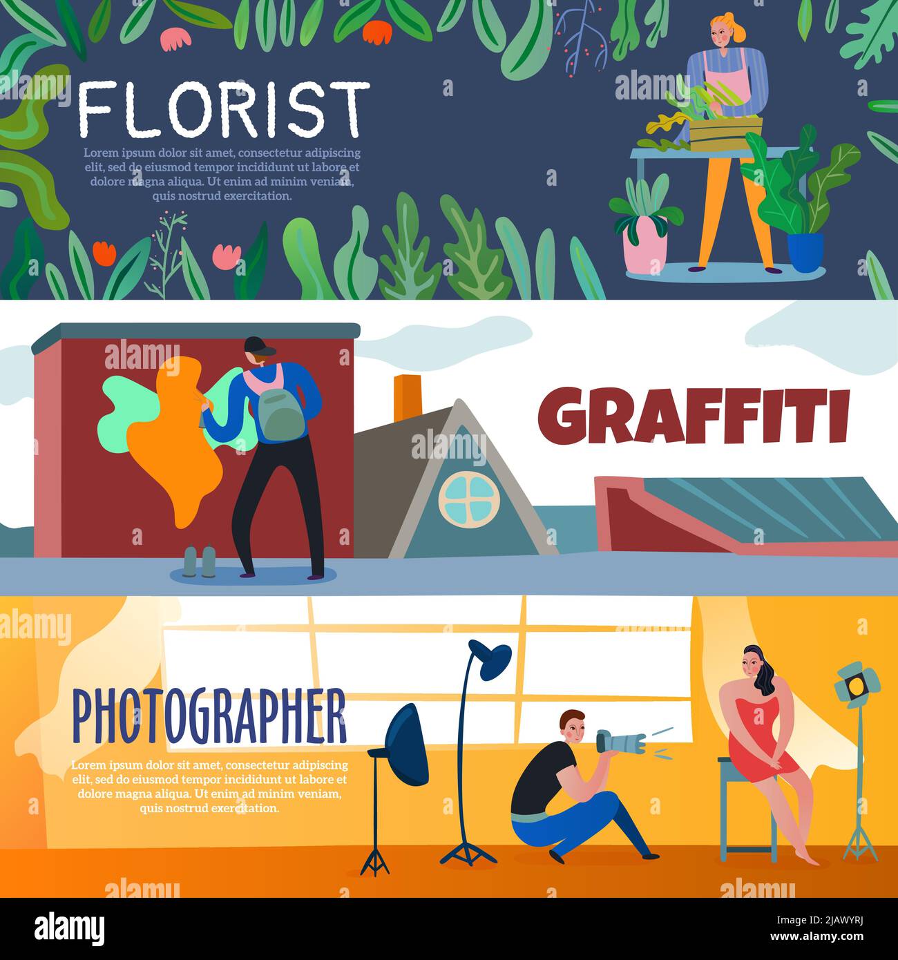 Creative workers horizontal banners set with florist street artist and ...