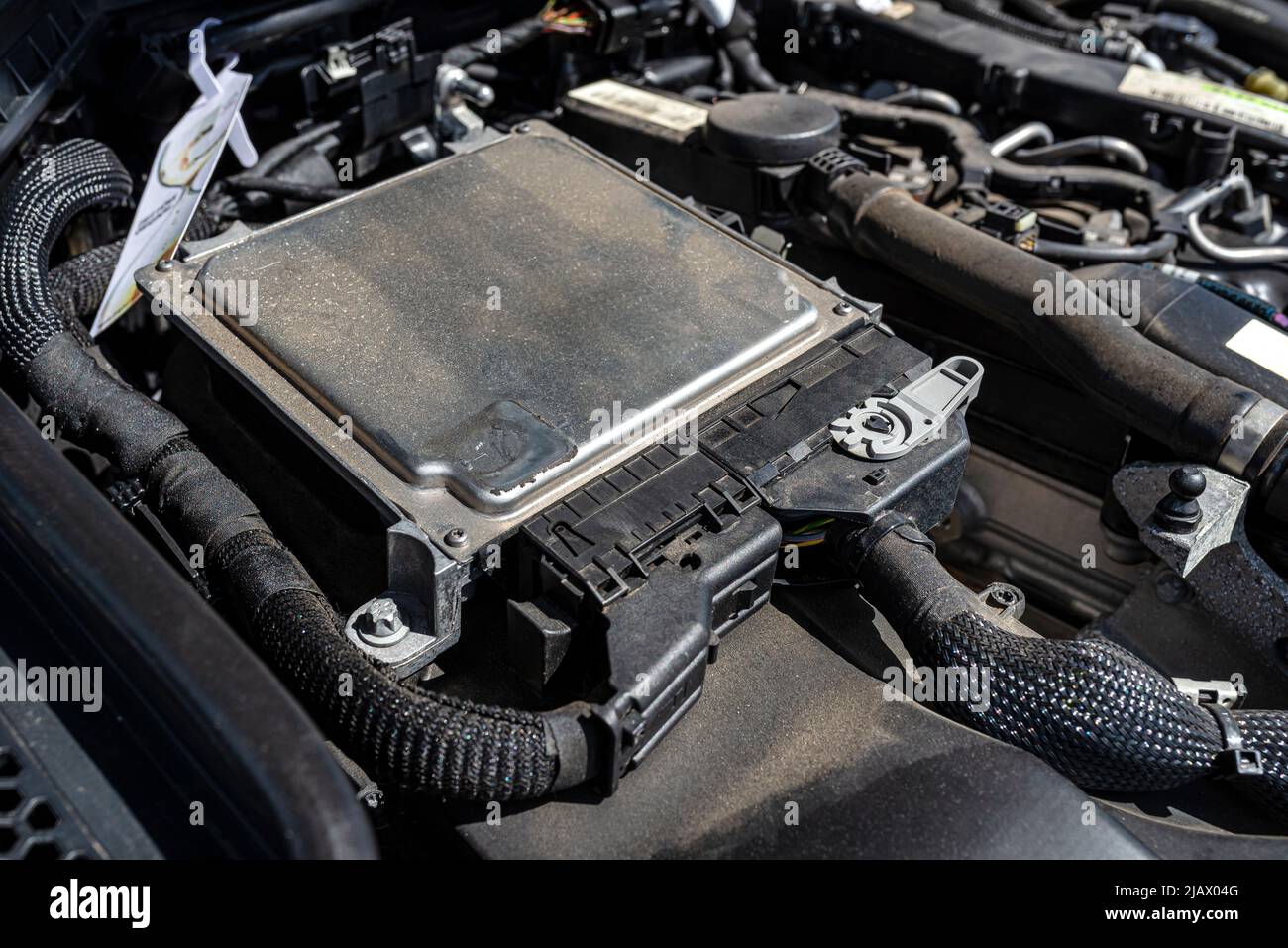 Modern 170hp diesel engine, two visible plugs connected to the main ...