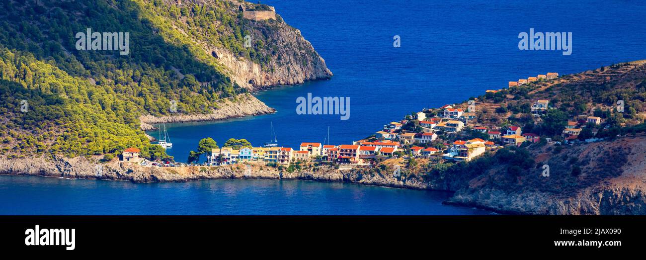 Assos village in Kefalonia, Greece. Turquoise colored bay in ...