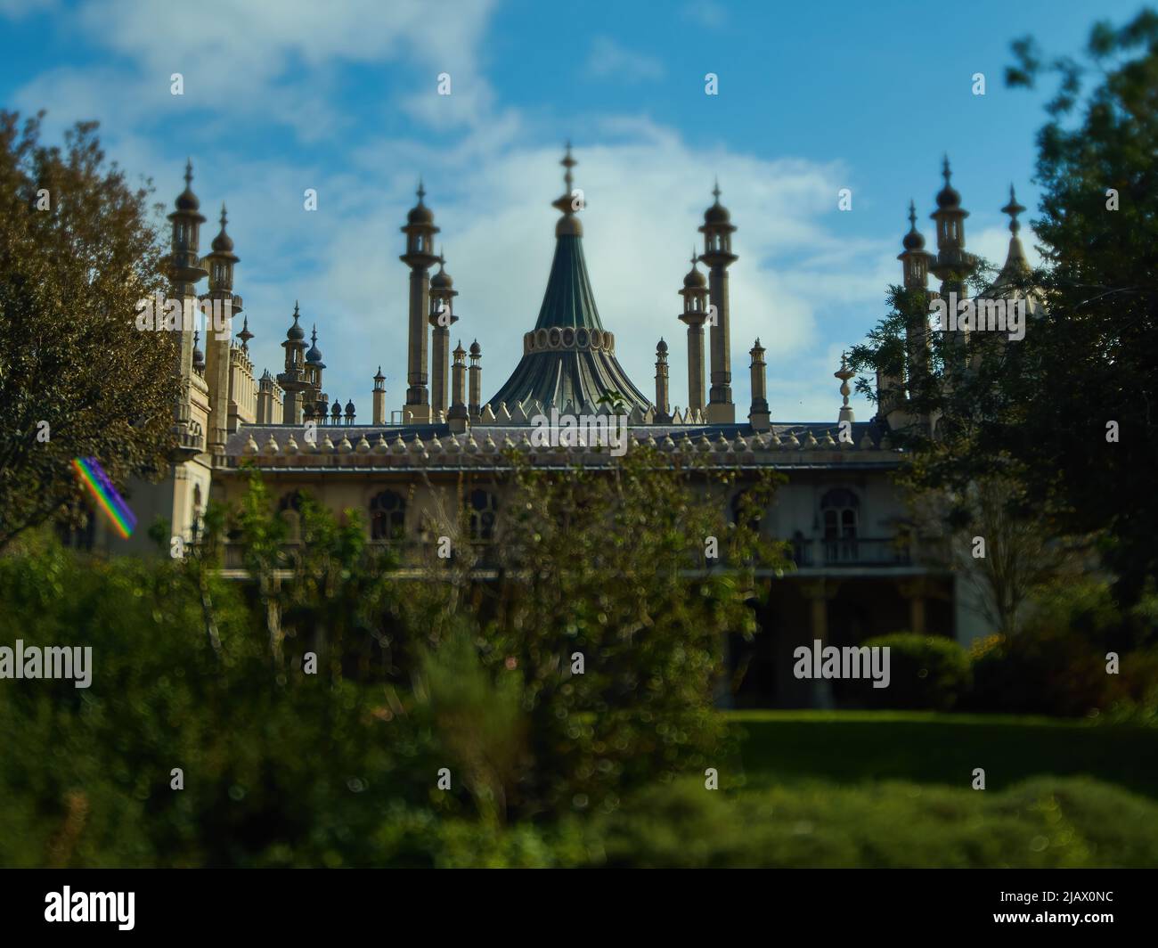The rear of the famous Brighton Pavilion against a summery blue sky ...