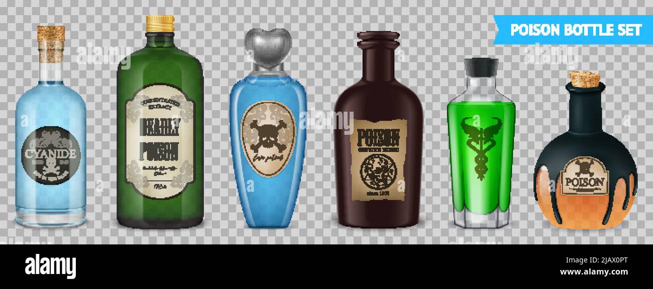Realistic poison transparent set with isolated images of magic bottle ...