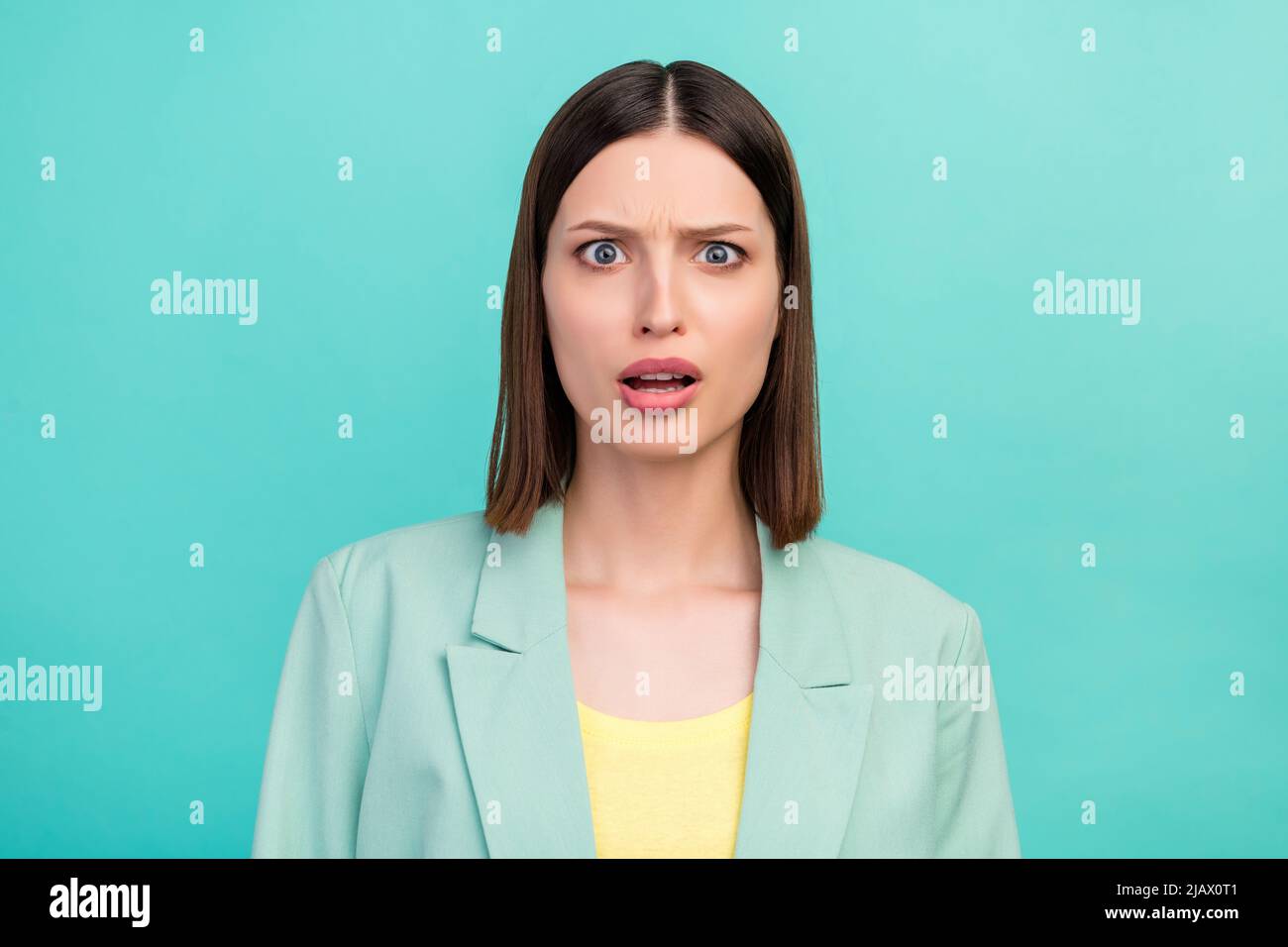 Photo of unsatisfied pretty person look camera cant believe sullen ...