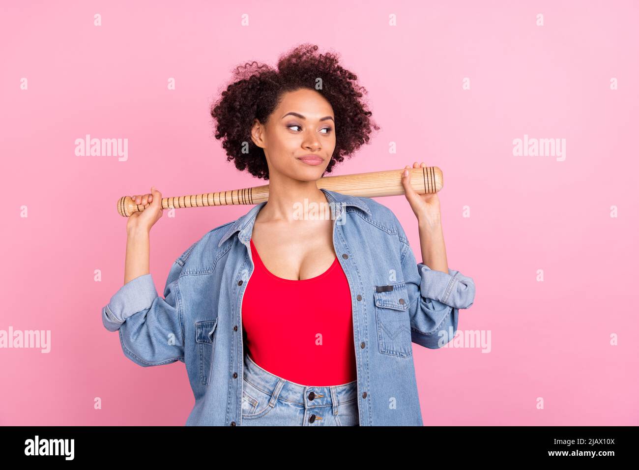Photo of young cool dreamy afro american woman look empty space hold ...