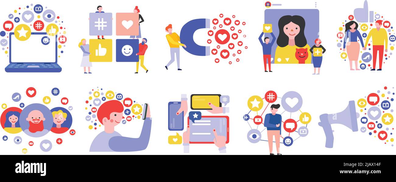 Social media network groups communication symbols flat compositions set ...