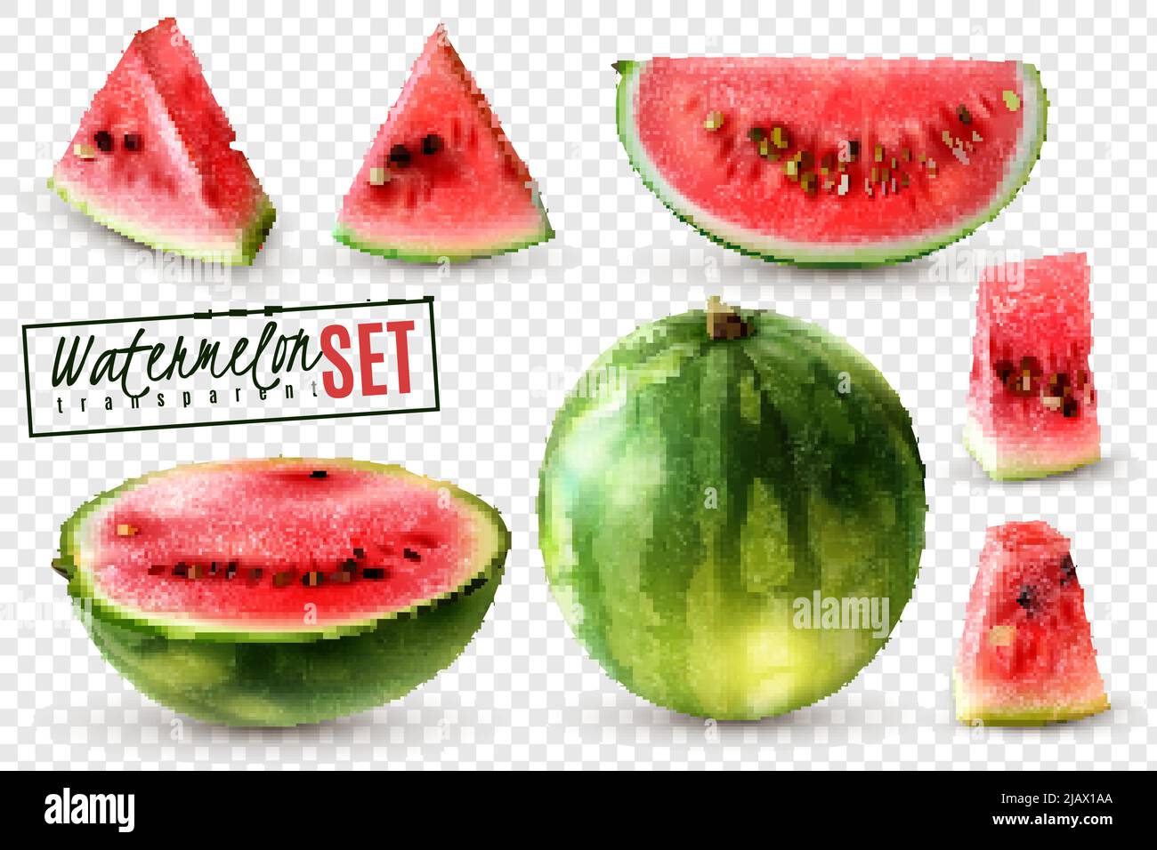 Realistic watermelon set with whole half quarter slices and bite size ...