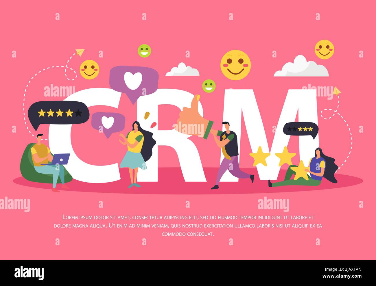 CRM customer relationship management background composition of cartoon ...