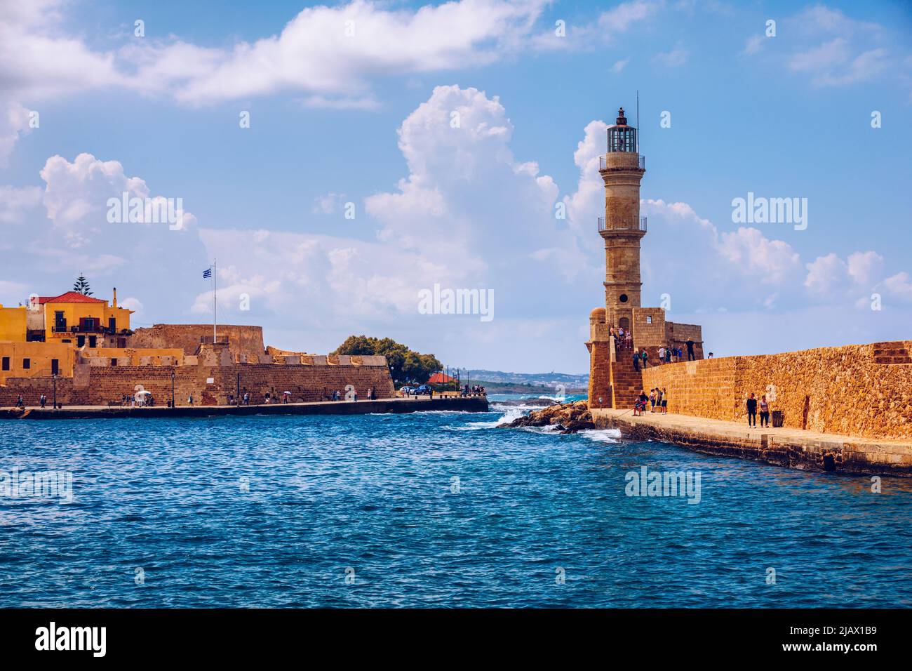 Panorama of venetian harbour waterfront and lighthouse in old harbour ...