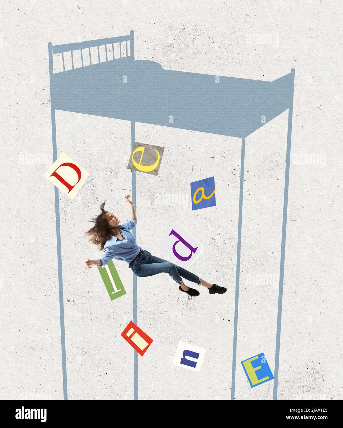 Woman falls into dream, flies and soars in dreams and in invented world ...