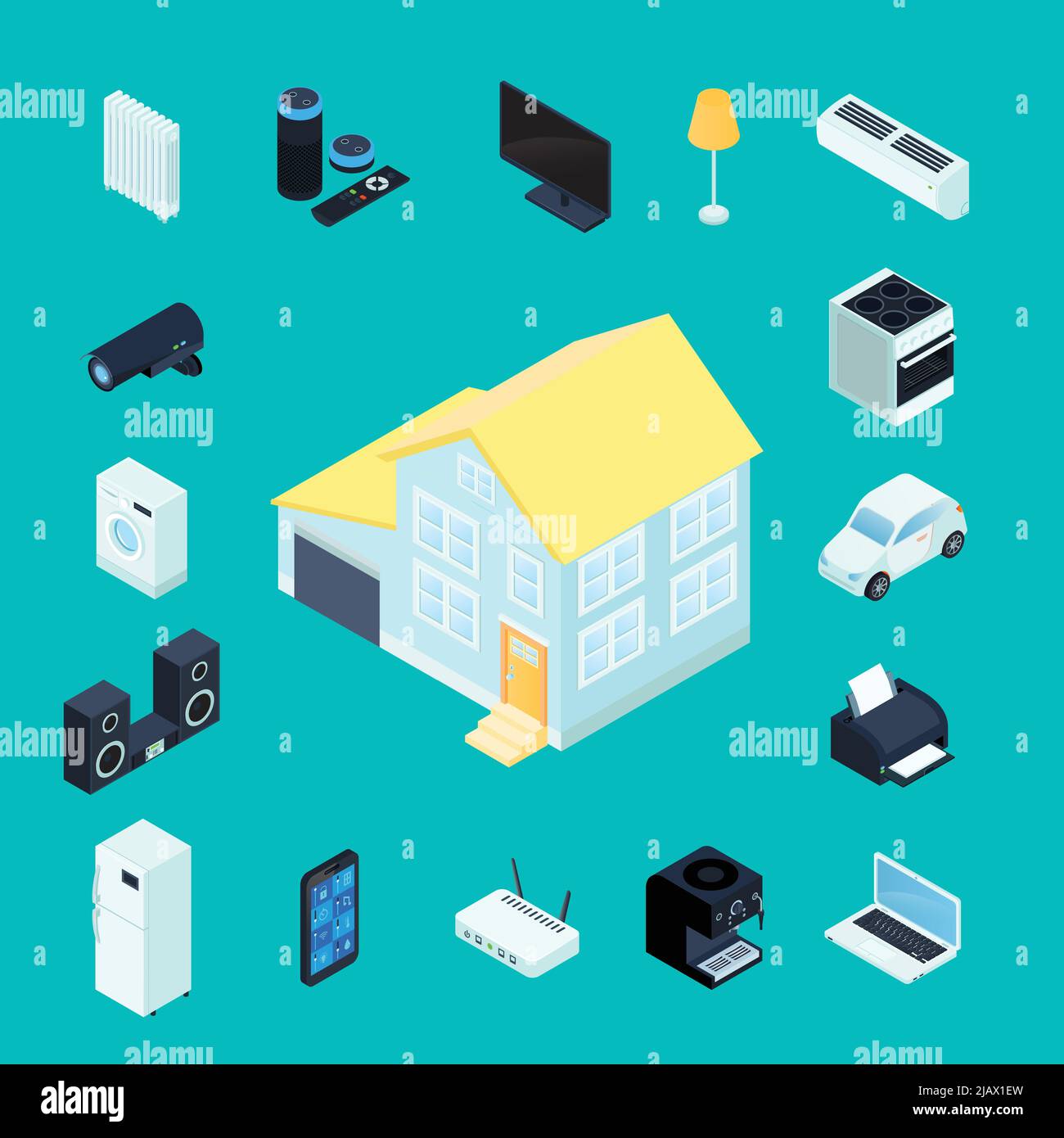 Smart home isometric decorative icons collection with private house in center domestic ...