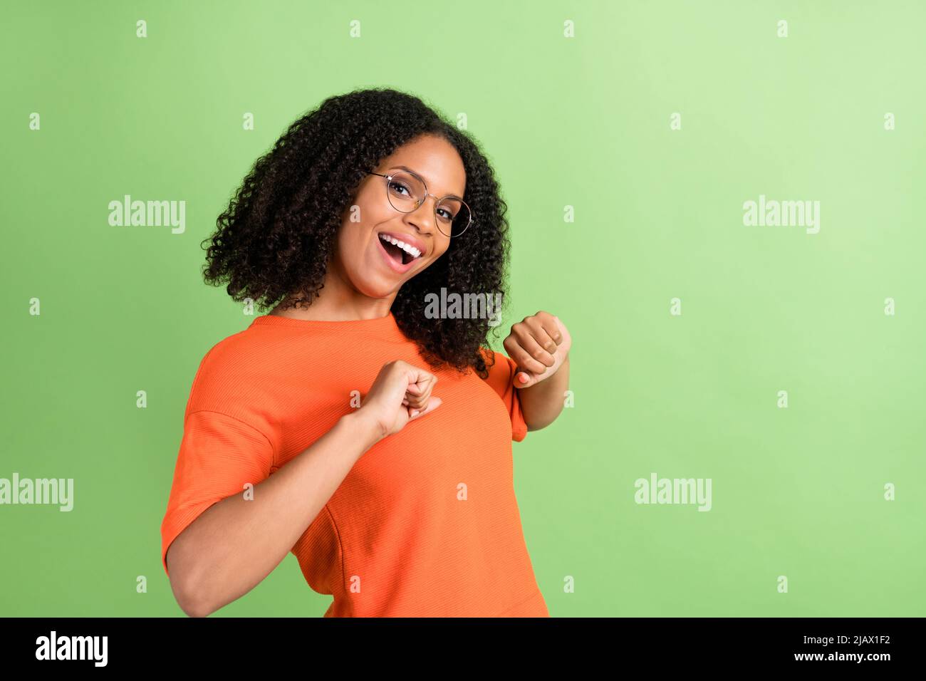 Profile side photo of young black woman happy positive smile excited ...