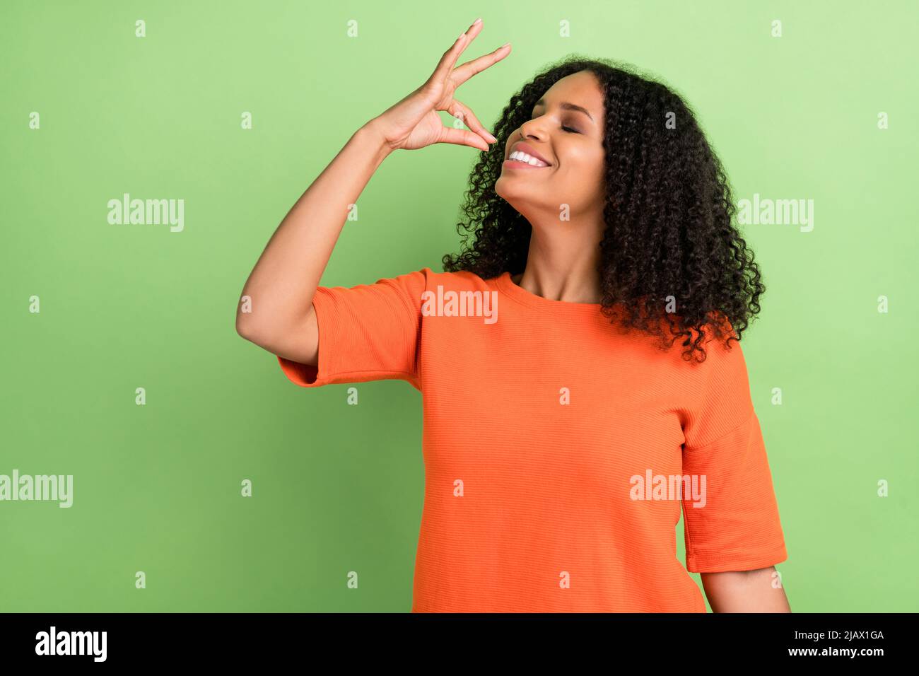 Photo of young black woman happy positive smile show fingers perfect ...