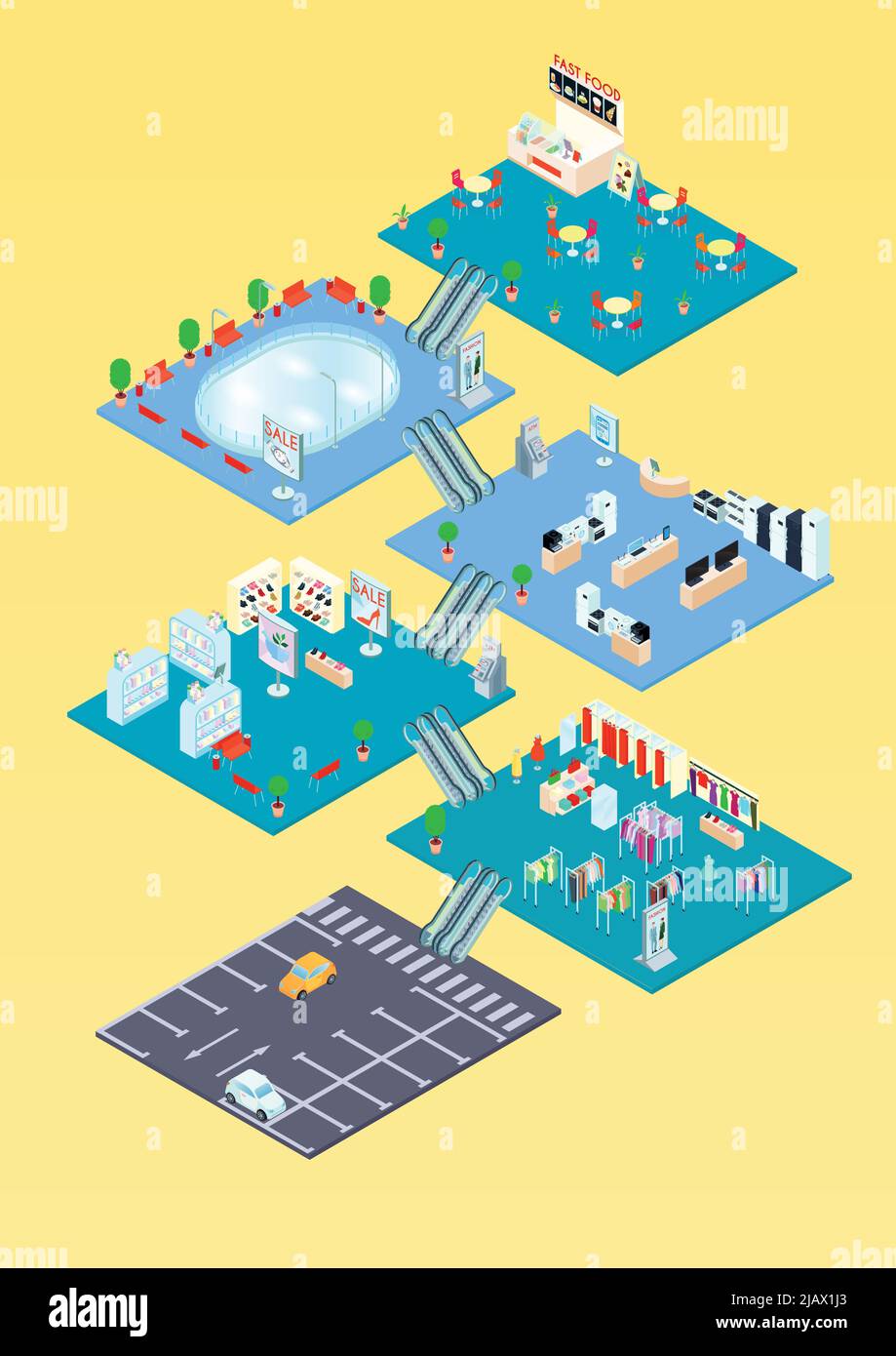 Shopping mall isometric infographics template with floor plan inside ...
