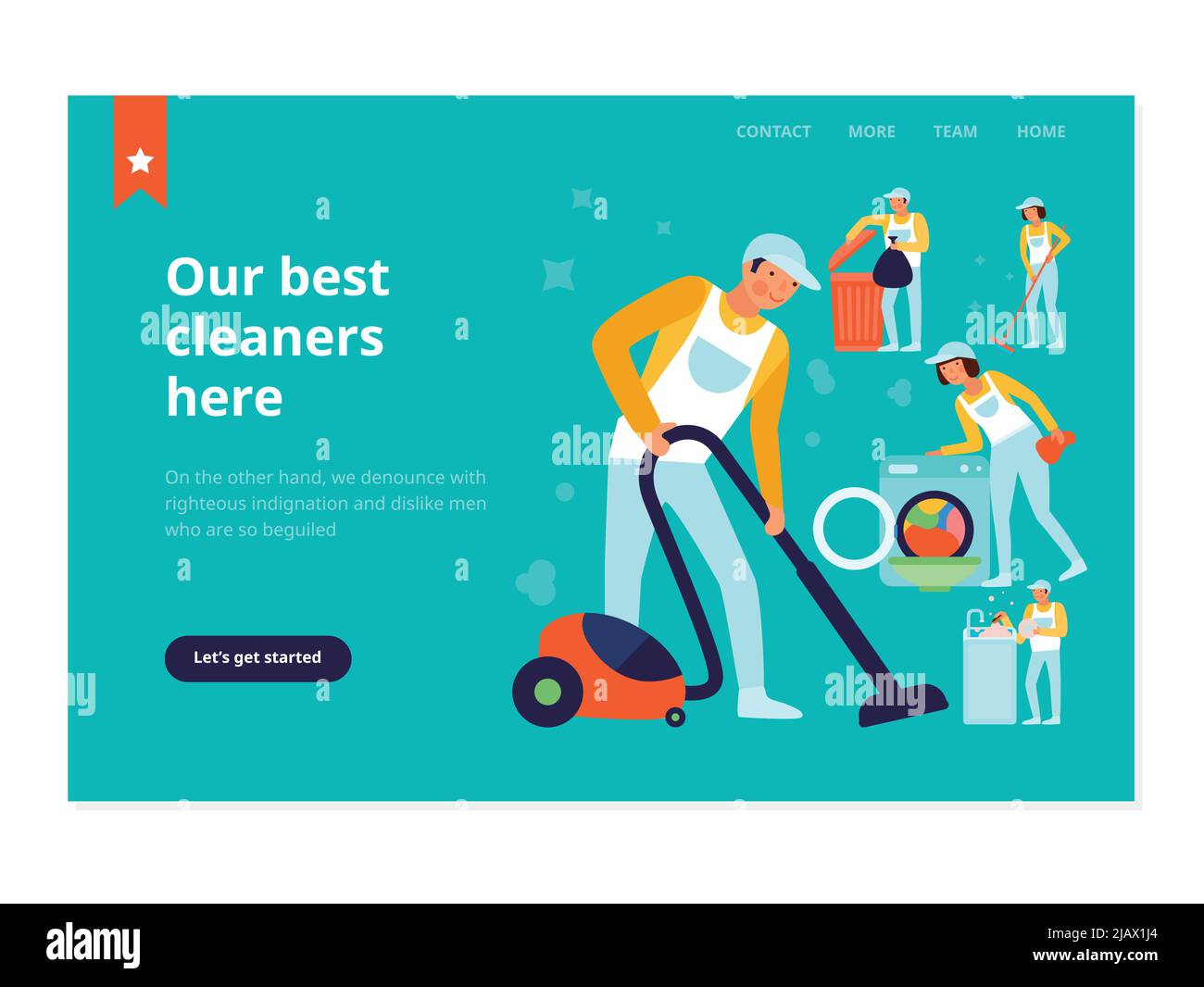 Staff of cleaning service during household works web banner on ...