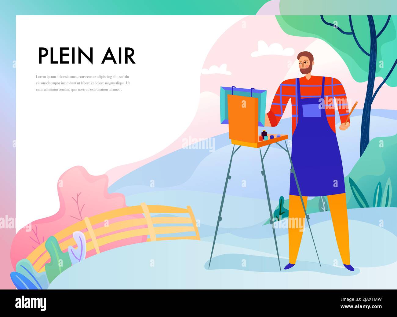 Artist with easel during plein air painting on nature background flat ...