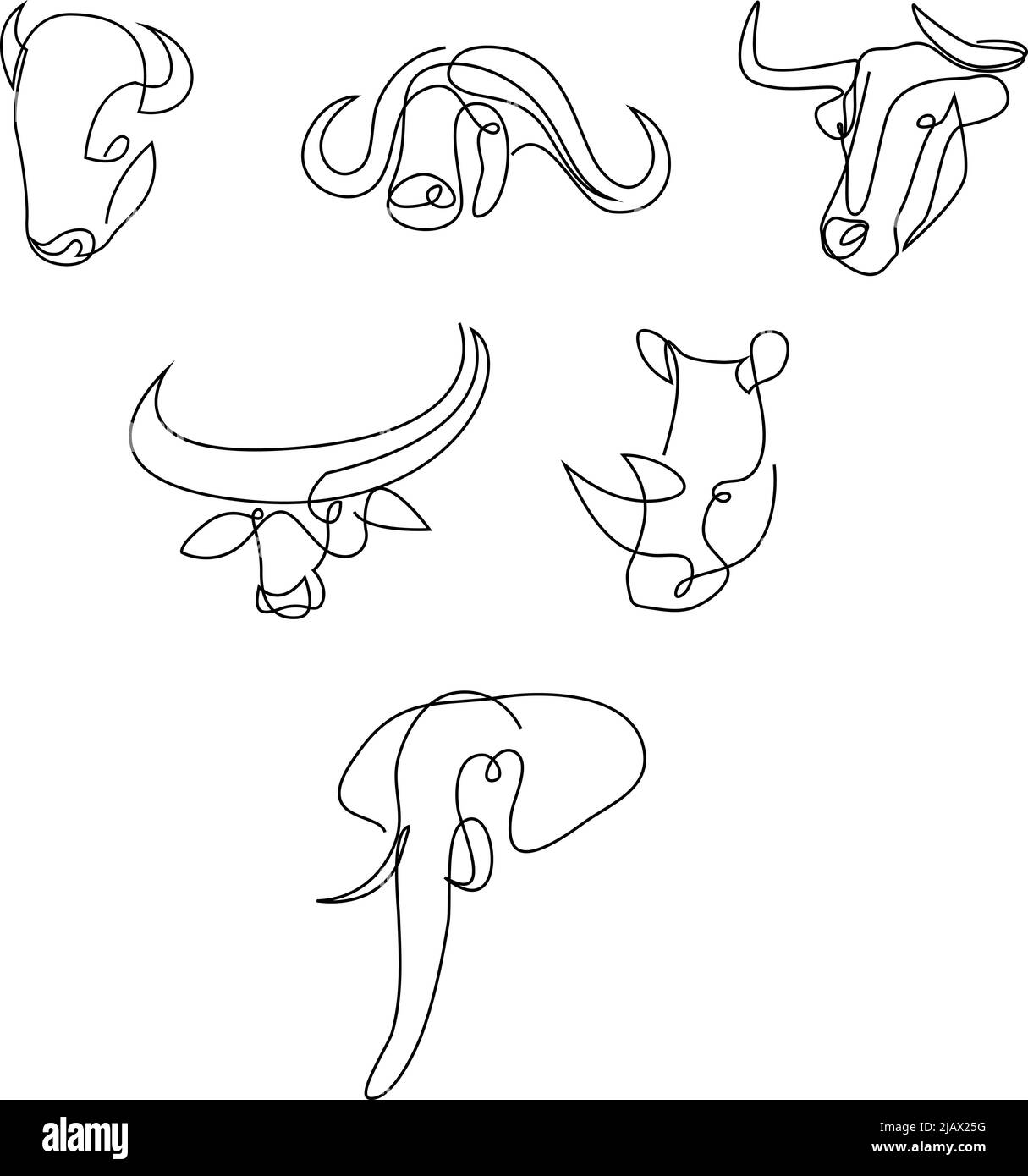 Bull, buffalo, rhinoceros and elephant continuous line set. One line ...