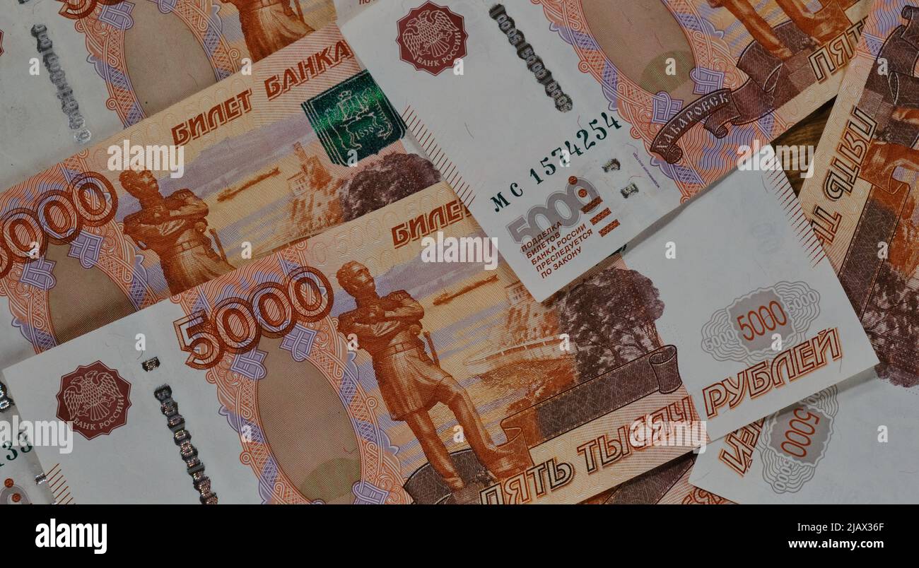 Russian paper banknotes with nominal value of five thousand rubles ...