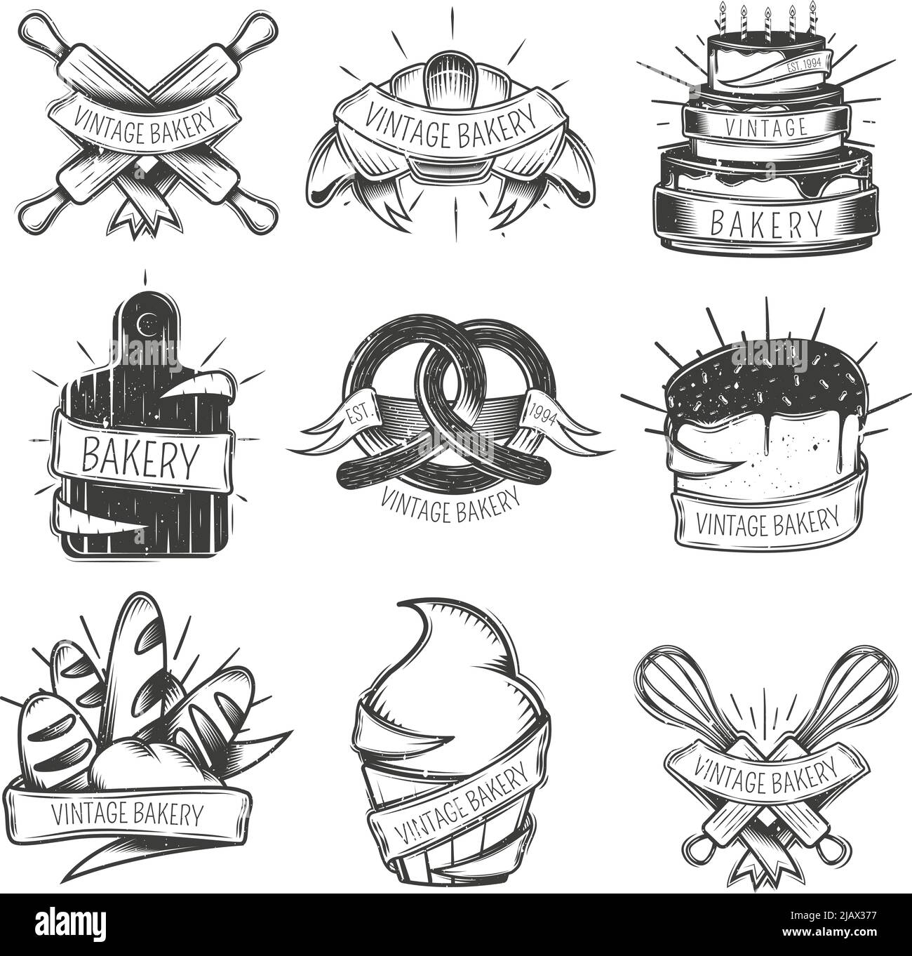 Black isolated vintage bakery icon set with ribbons and place for ...