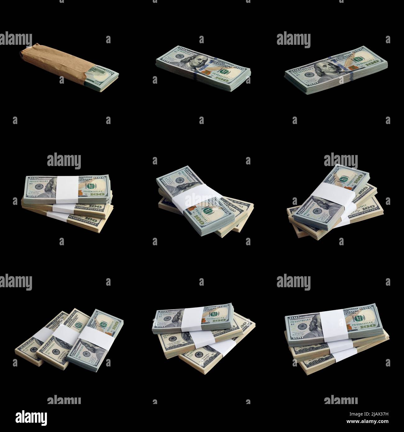 Big set of bundles of US dollar bills isolated on black. Collage with ...