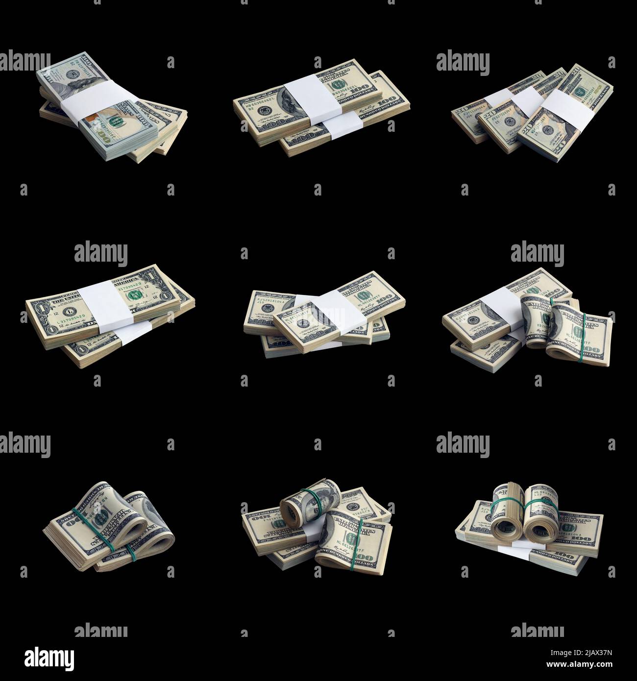 Big set of bundles of US dollar bills isolated on black. Collage with ...