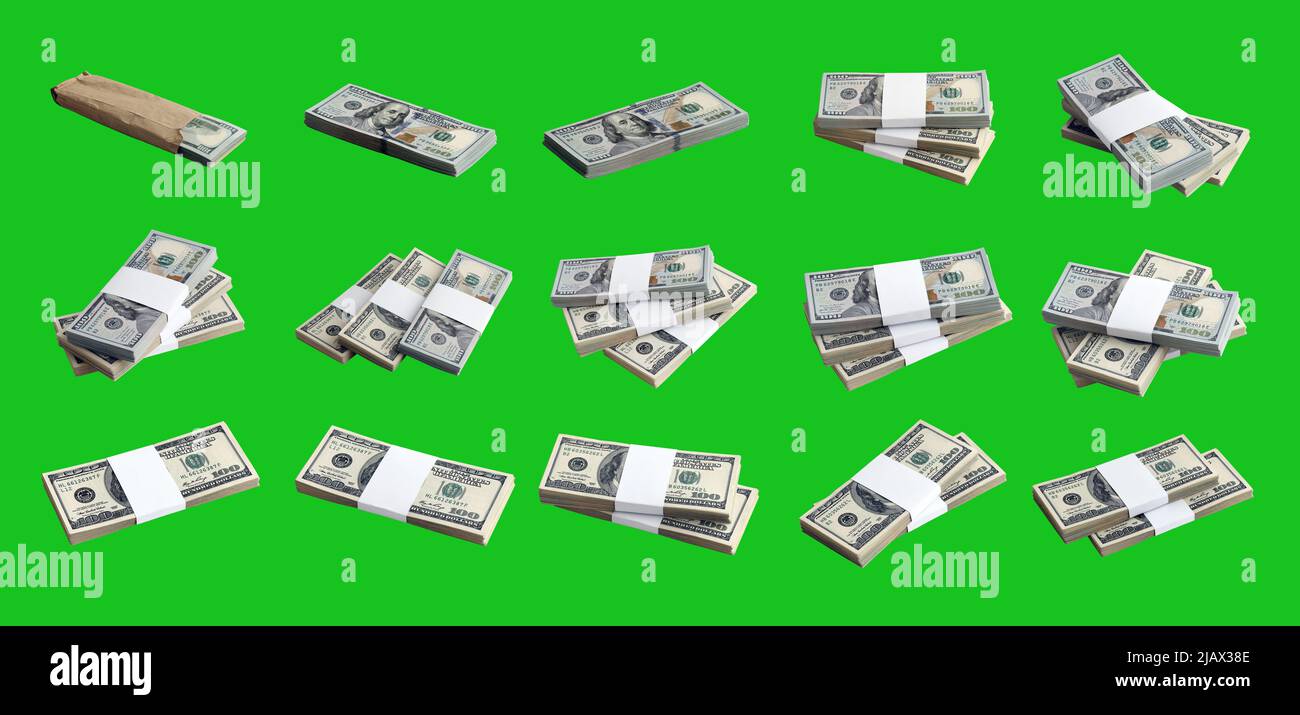 Big set of bundles of US dollar bills isolated on chroma key green ...