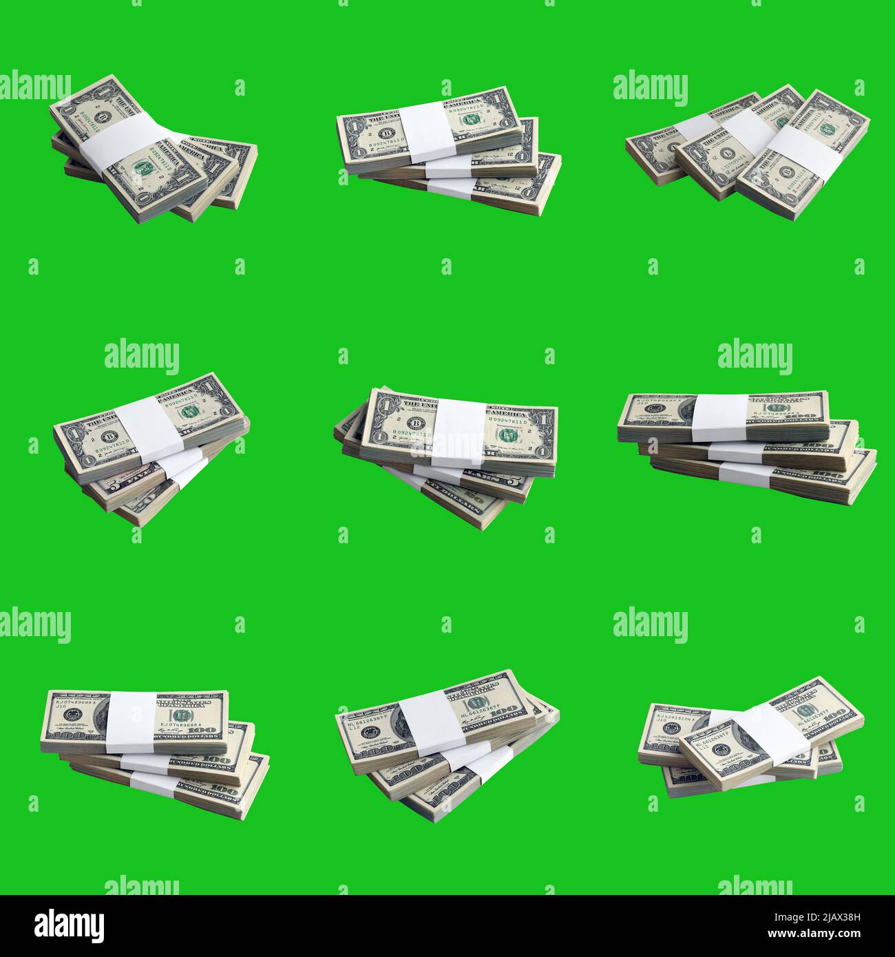Big set of bundles of US dollar bills isolated on chroma key green ...