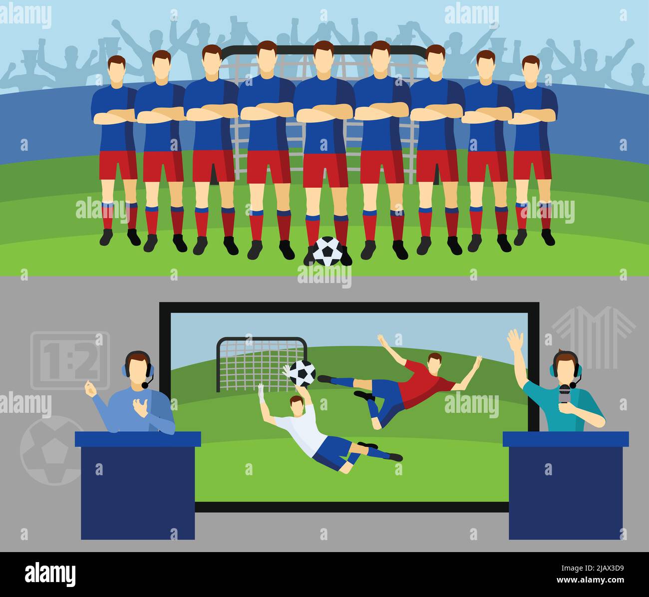 Men national soccer team and tv transmission with commentators 2 flat ...