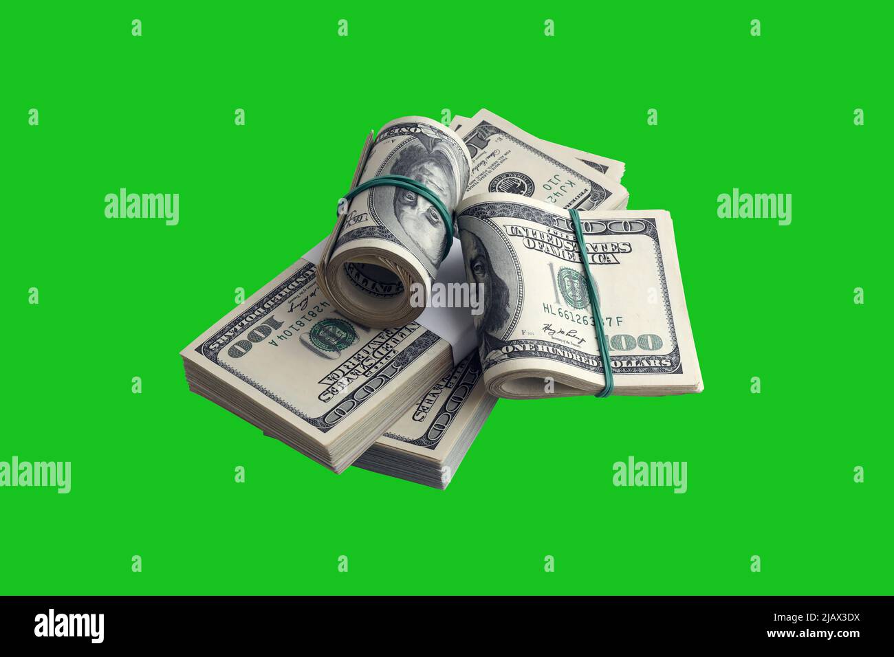 Bundle of US dollar bills isolated on chroma keyer green. Pack of ...