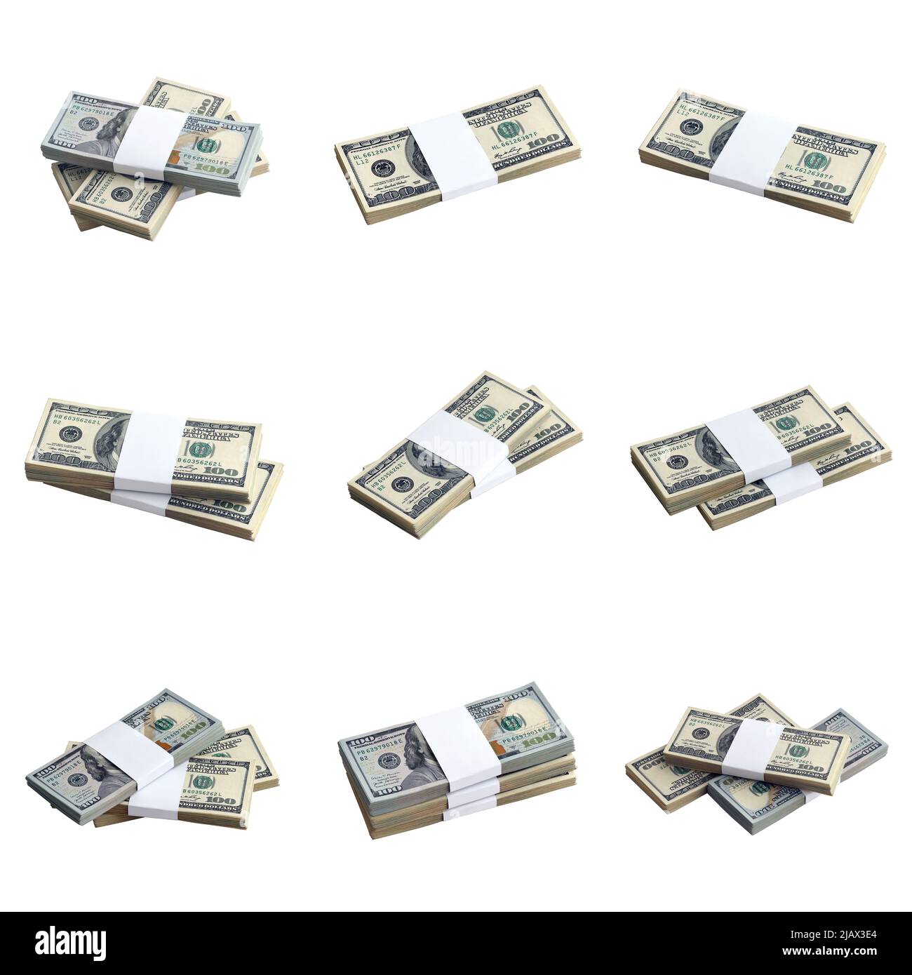 Big set of bundles of US dollar bills isolated on white. Collage with ...