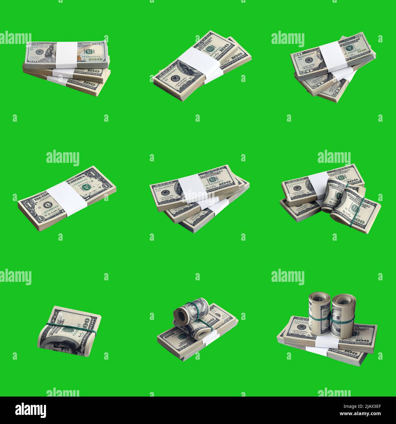 Big set of bundles of US dollar bills isolated on chroma key green ...