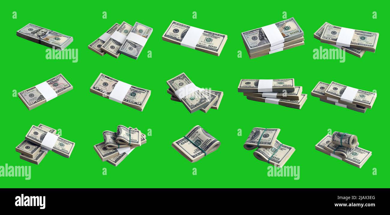 Big set of bundles of US dollar bills isolated on chroma key green ...