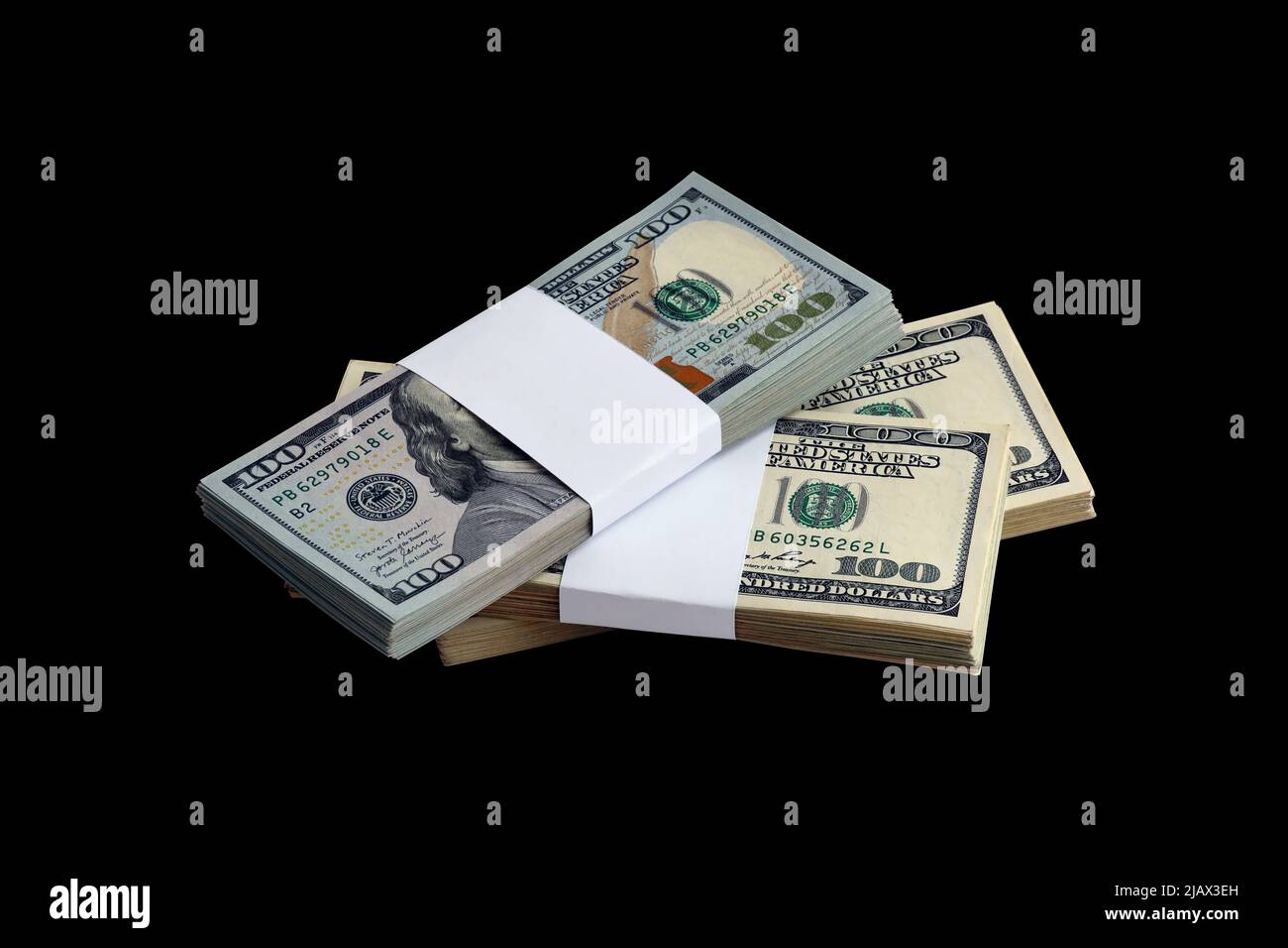 Bundle of US dollar bills isolated on black. Pack of american money with high resolution on ...
