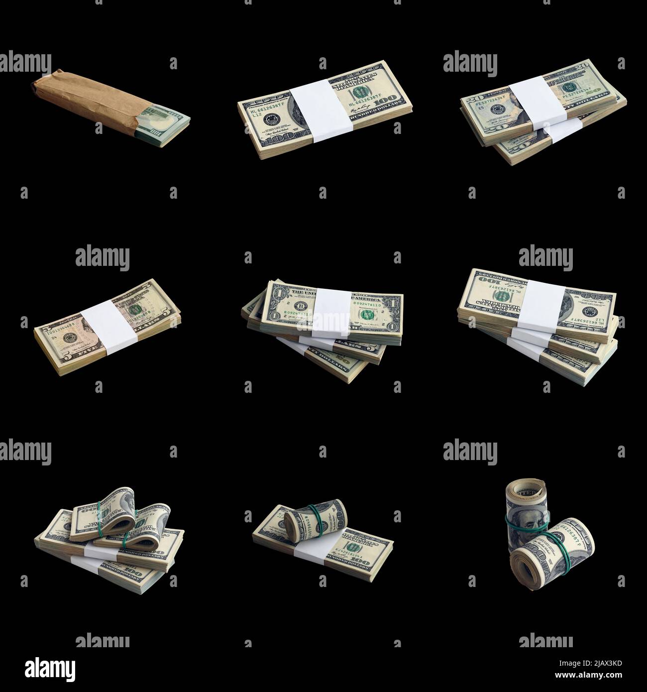 Big set of bundles of US dollar bills isolated on black. Collage with ...
