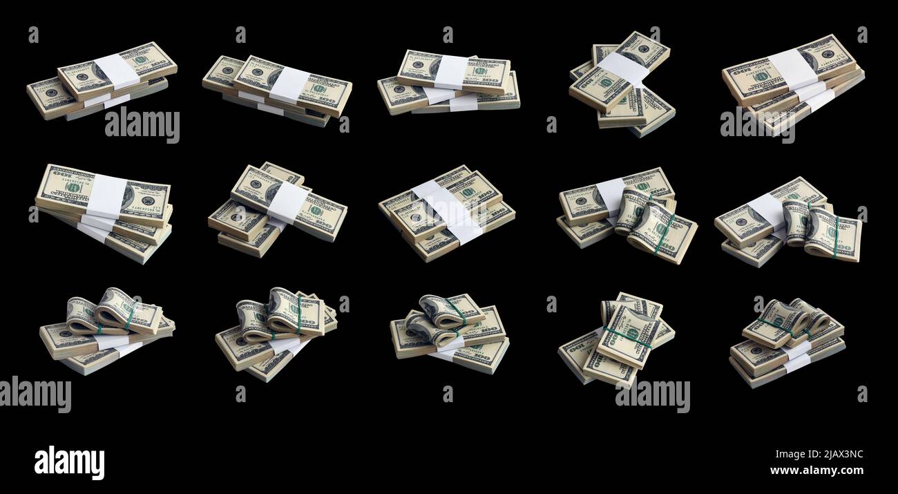 Big set of bundles of US dollar bills isolated on black. Collage with ...