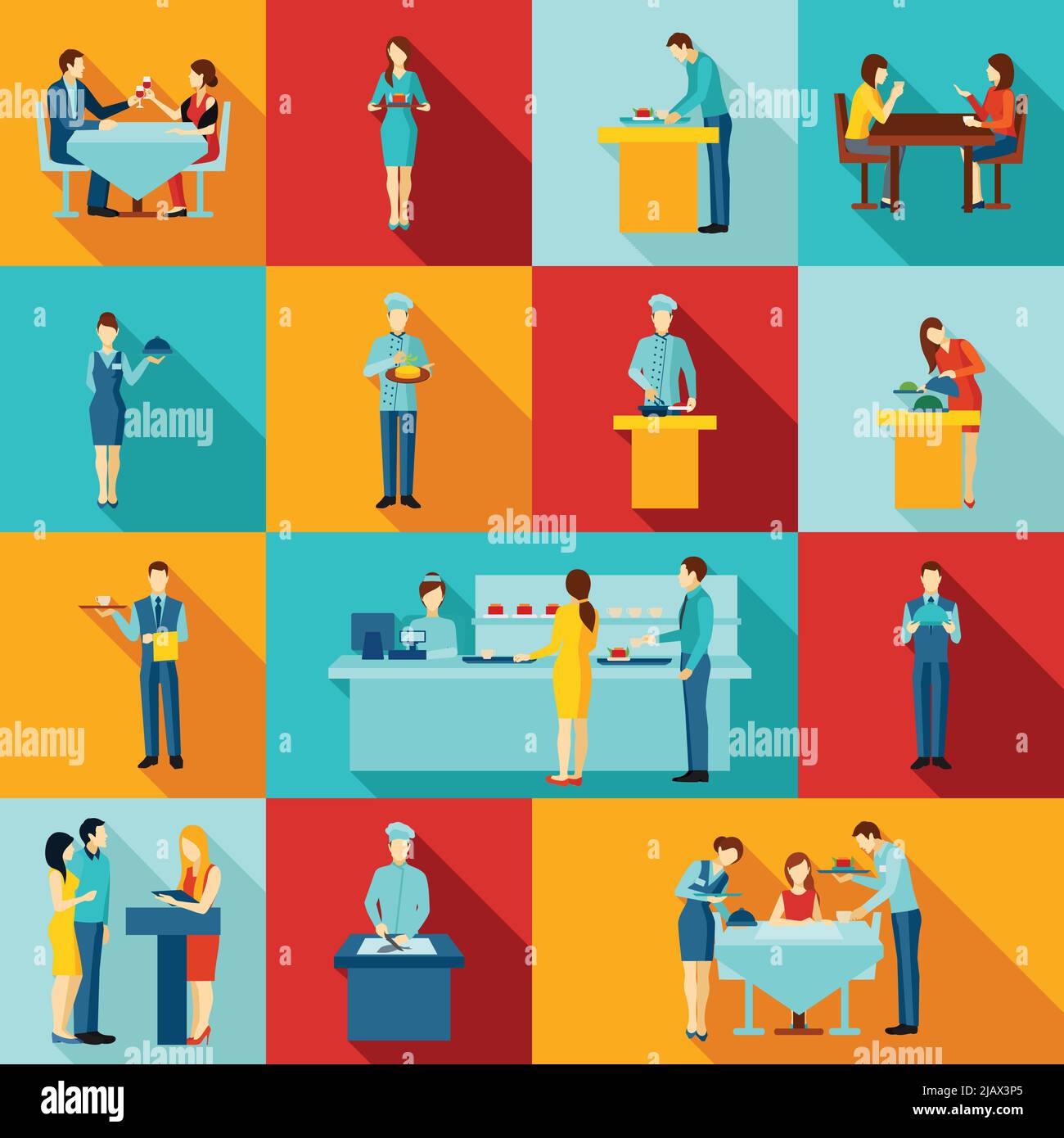 Public catering icons with people and service personnel flat isolated ...