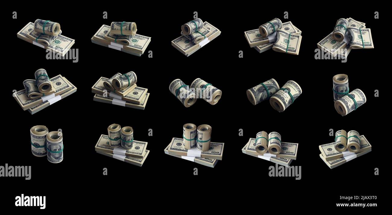 Big set of bundles of US dollar bills isolated on black. Collage with ...