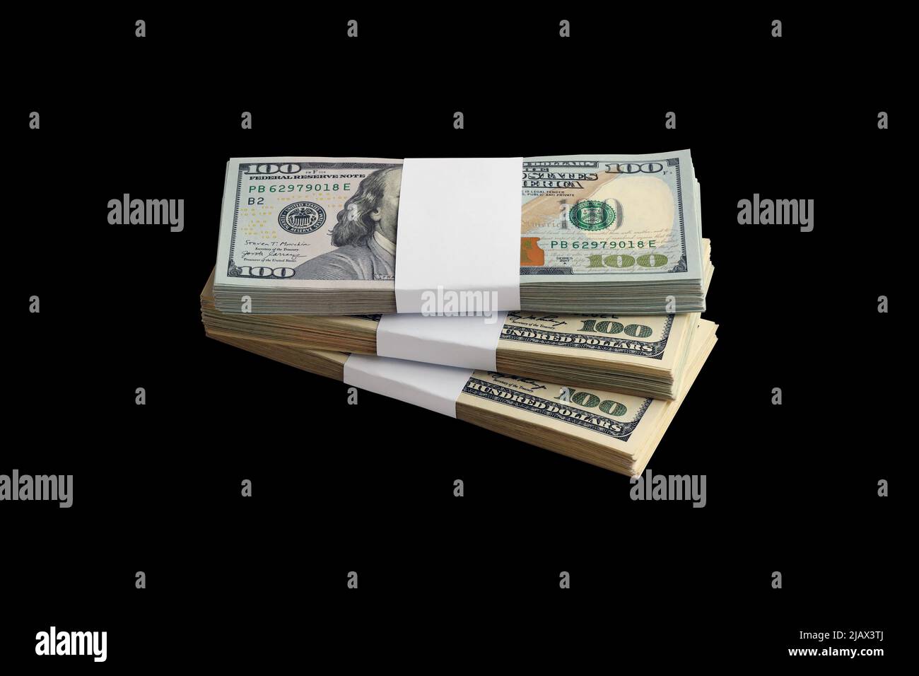 Bundle of US dollar bills isolated on black. Pack of american money ...
