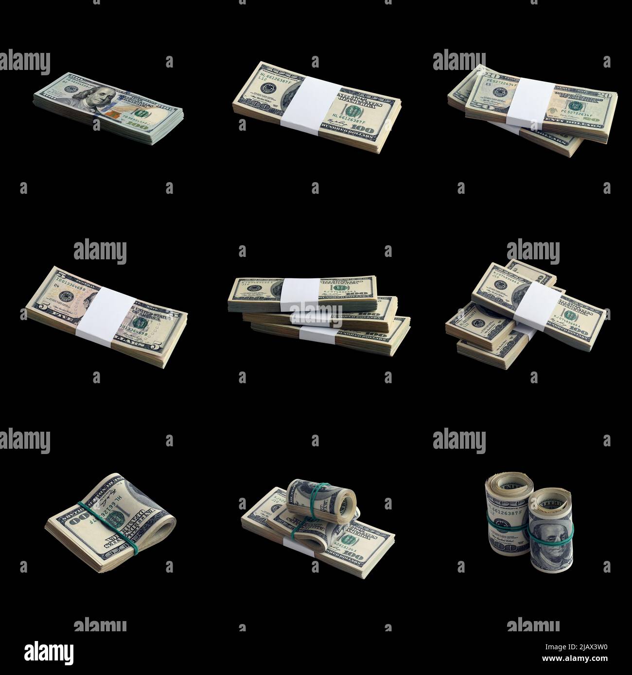 Big set of bundles of US dollar bills isolated on black. Collage with ...