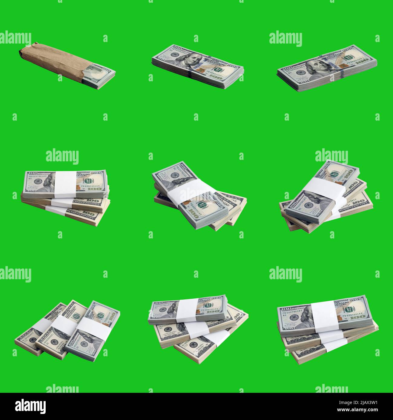 Big set of bundles of US dollar bills isolated on chroma key green ...