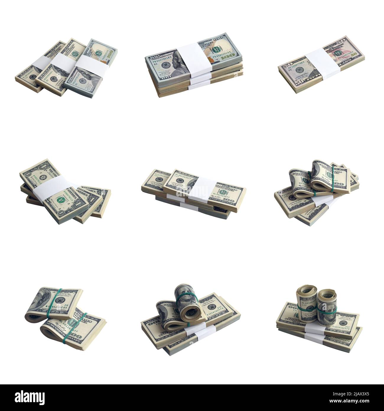 Big set of bundles of US dollar bills isolated on white. Collage with ...