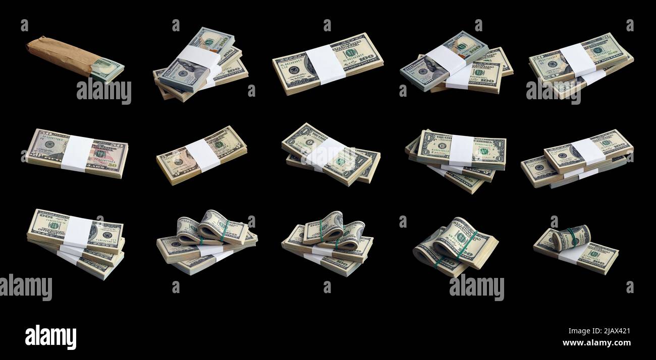 Big set of bundles of US dollar bills isolated on black. Collage with ...