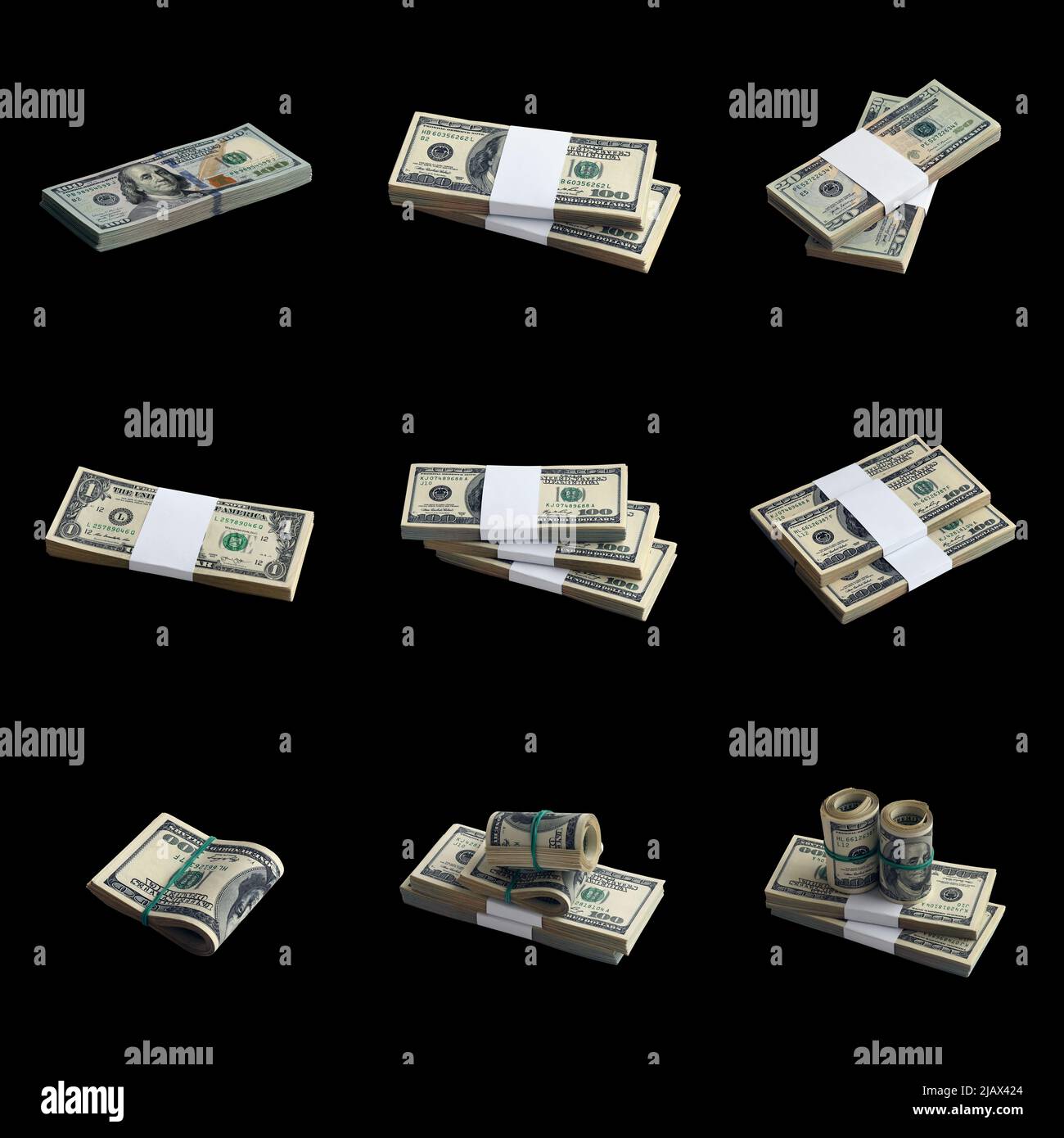 Big set of bundles of US dollar bills isolated on black. Collage with ...