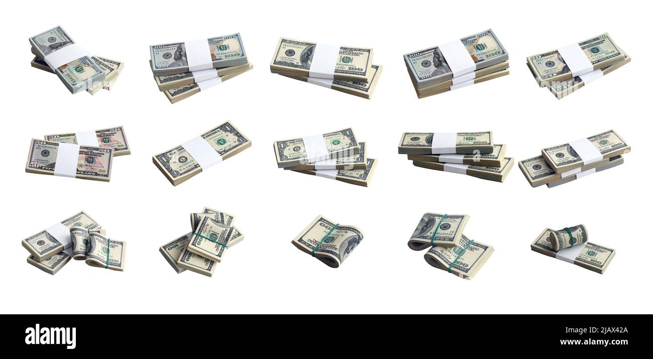 Big set of bundles of US dollar bills isolated on white. Collage with ...