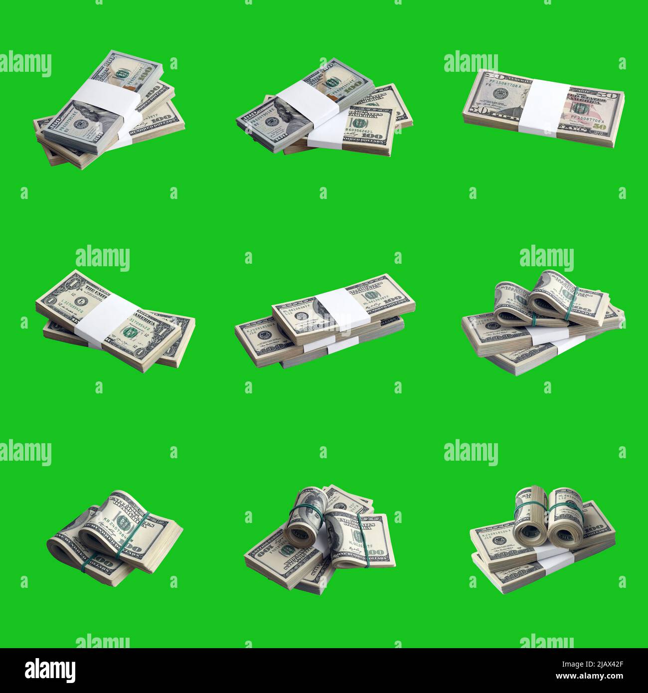Big set of bundles of US dollar bills isolated on chroma key green ...