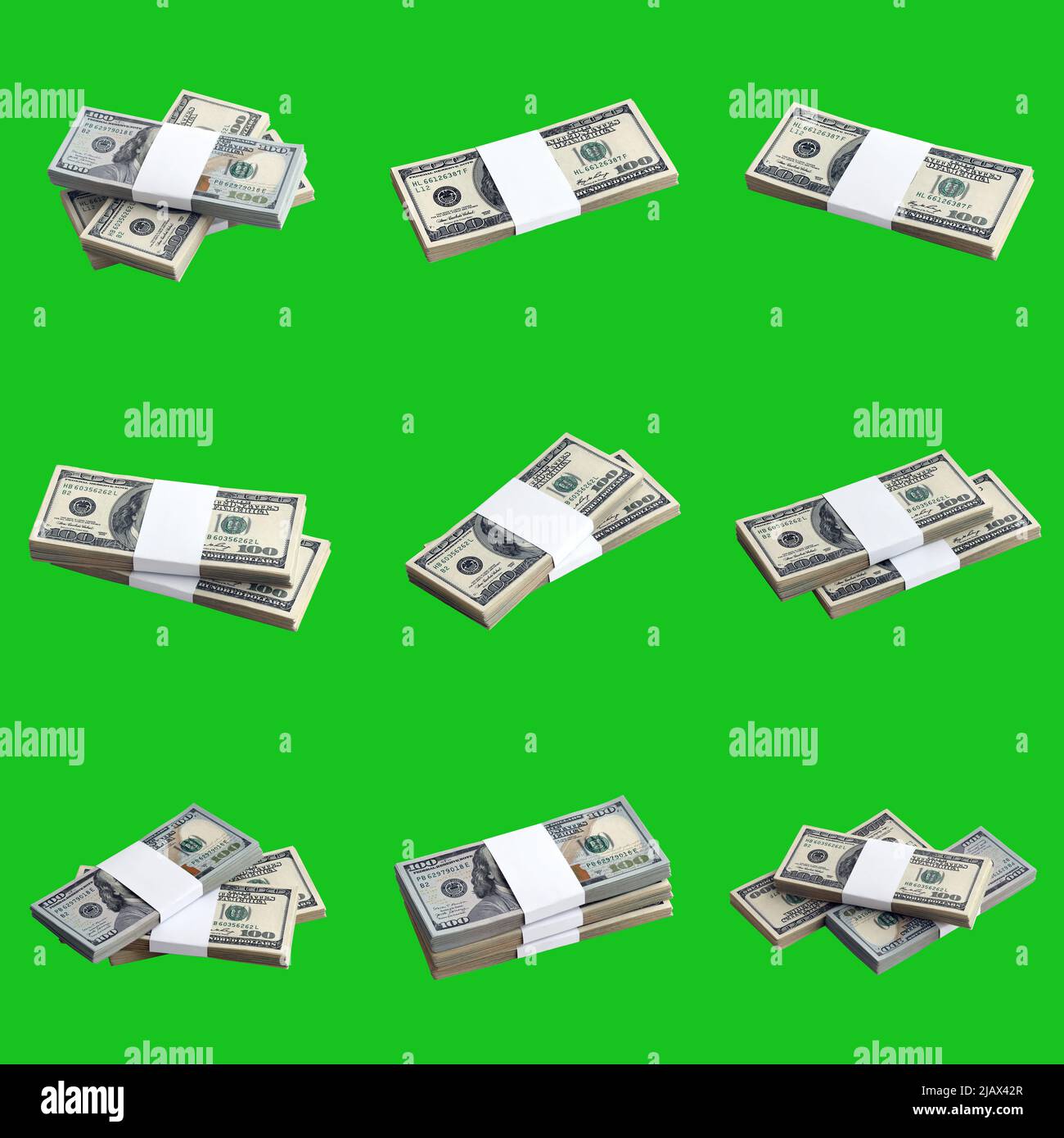 Big set of bundles of US dollar bills isolated on chroma key green ...