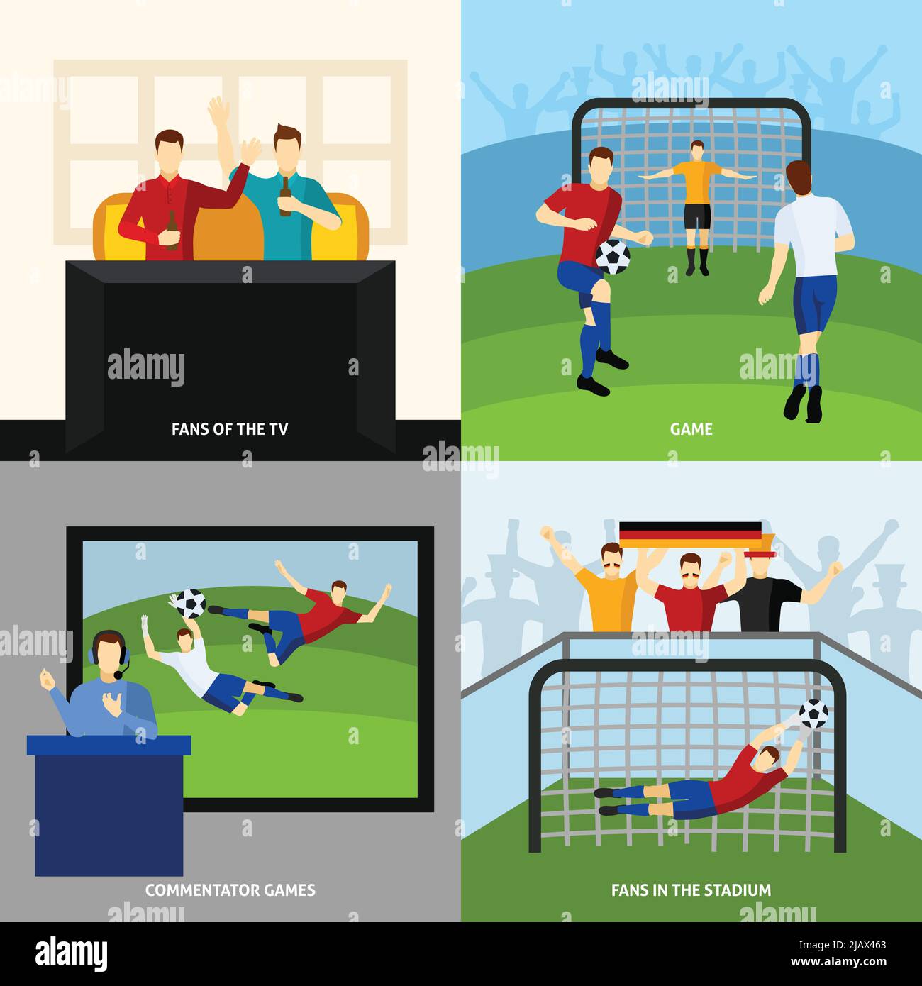 Soccer game 4 flat icons square composition with fans and tv sport ...