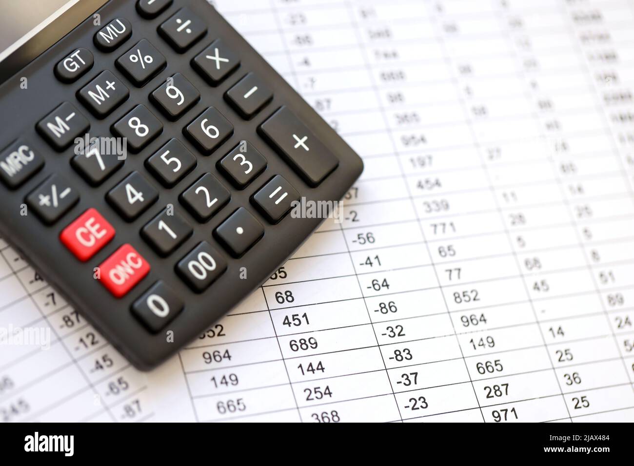 Big black calculator lies on financial statement and balance sheeet on ...